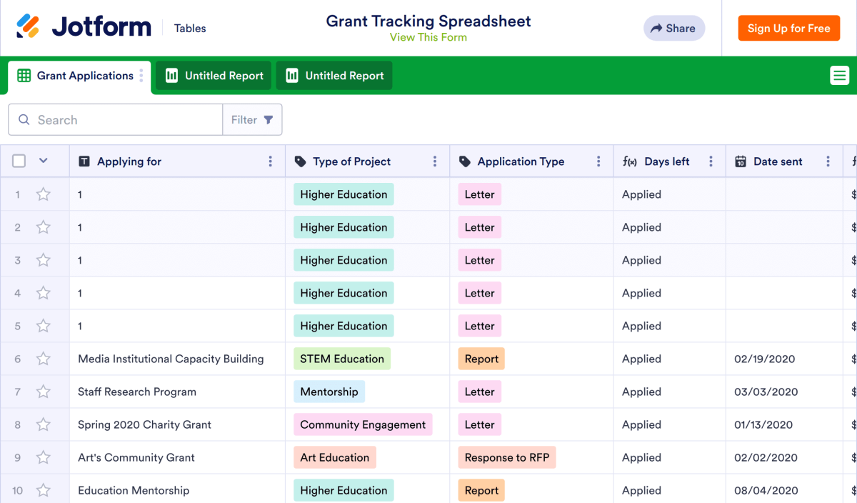 Grant Tracking Spread Spreadsheet Template | Jotform