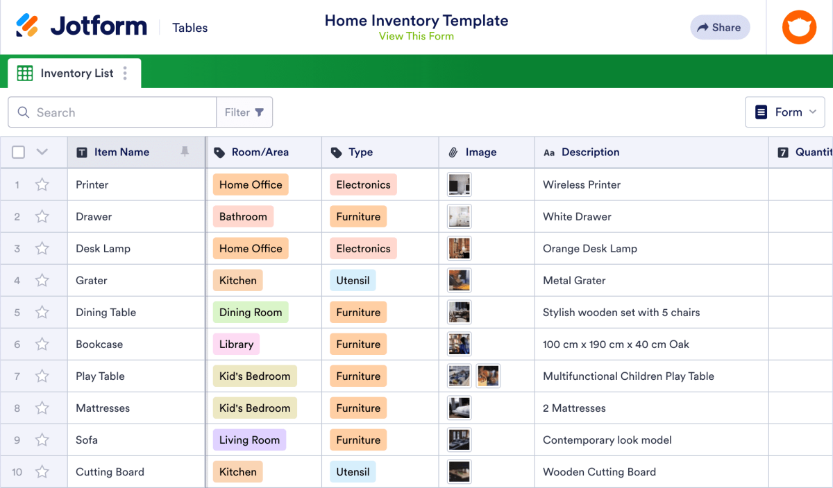 Home Inventory Template | Jotform Tables