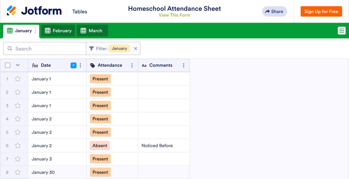 Homeschool Attendance Spreadsheet Template | Jotform