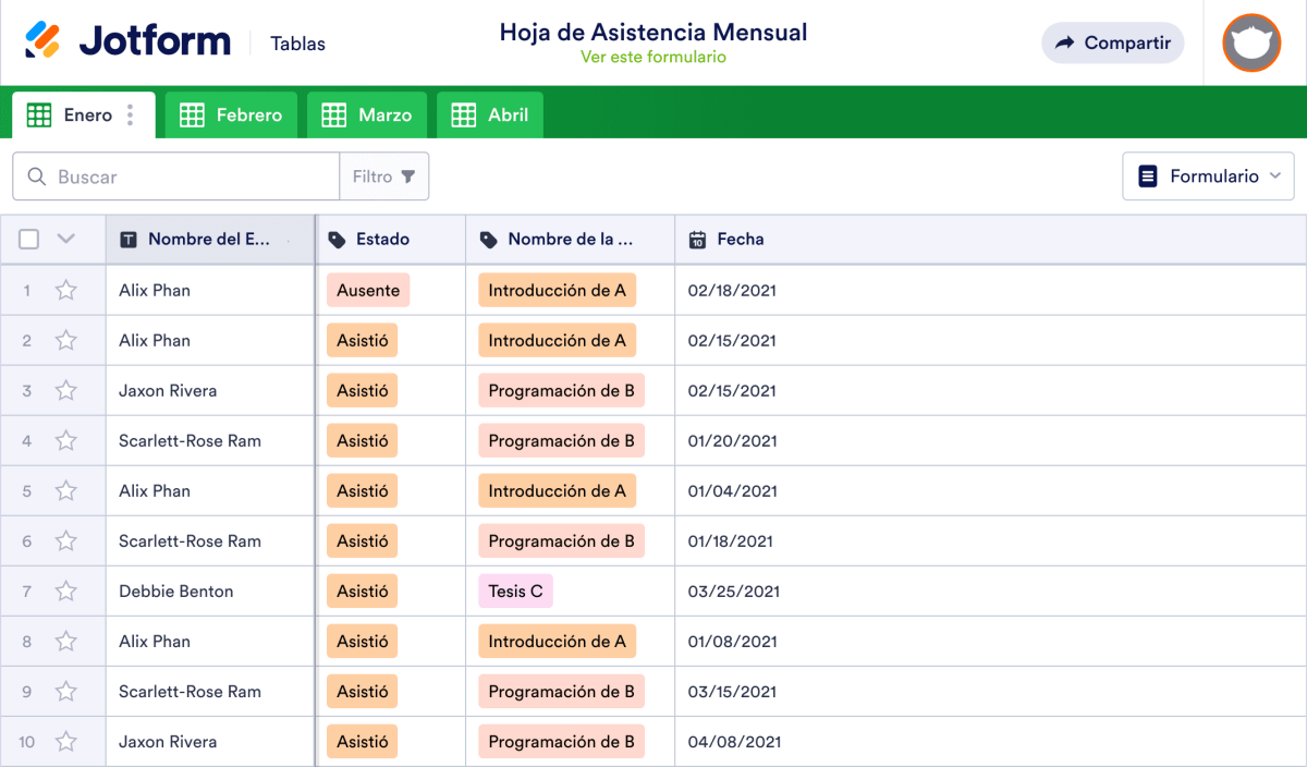 Hoja de Asistencia Mensual Plantilla | Jotform Tablas
