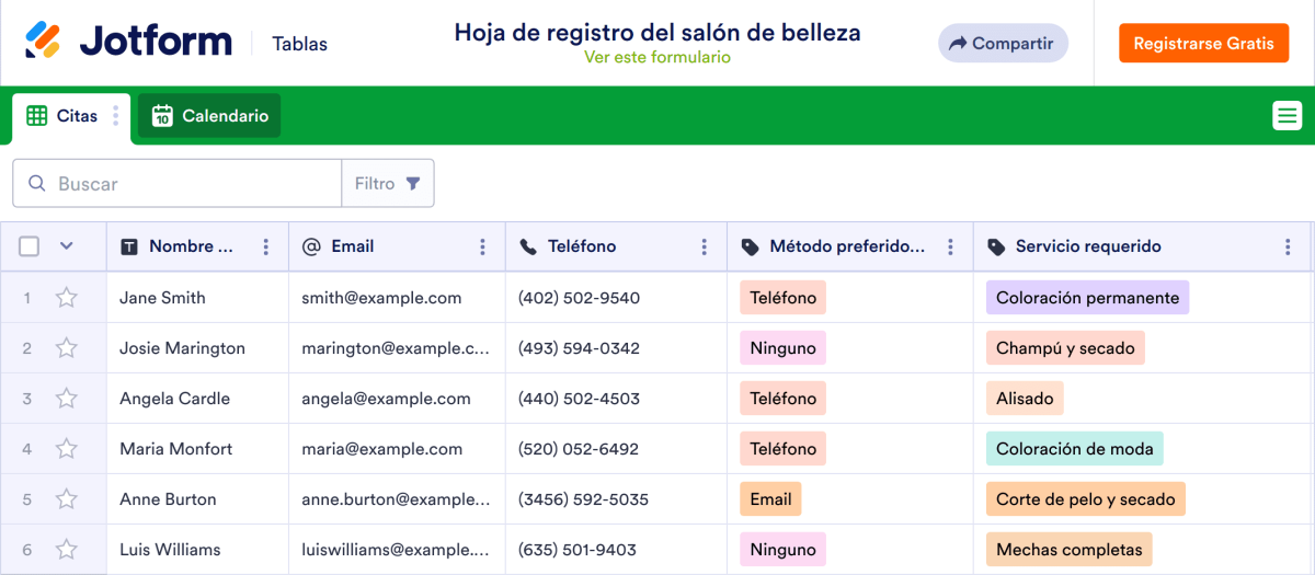 Hoja de registro del salón de belleza Plantilla | Jotform Tablas