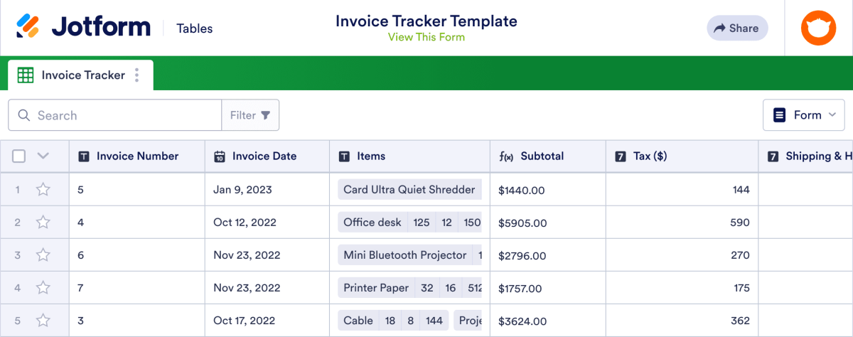 Invoice Tracker Template | Jotform Tables
