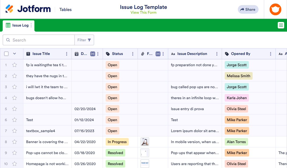 Issue Log Template | Jotform Tables