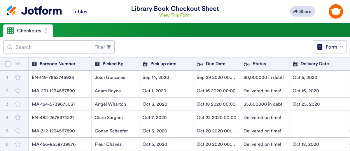Library Book Checkout Sheet Template | Jotform Tables