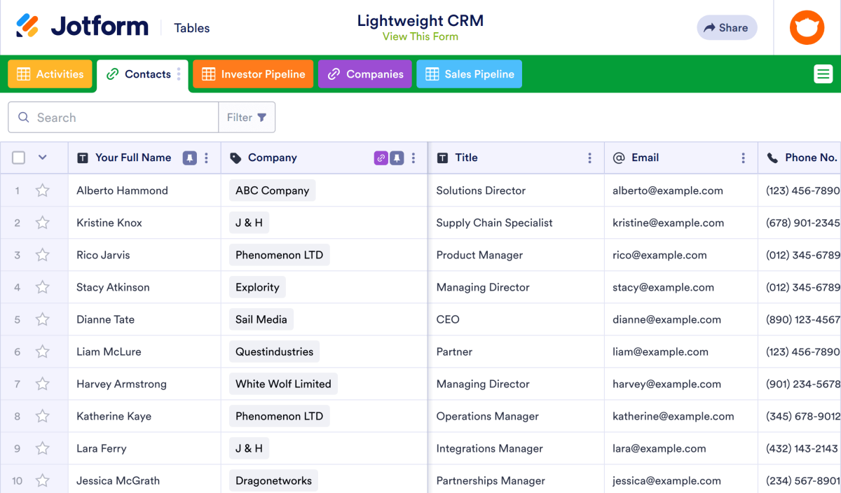 Lightweight CRM Template | Jotform Tables