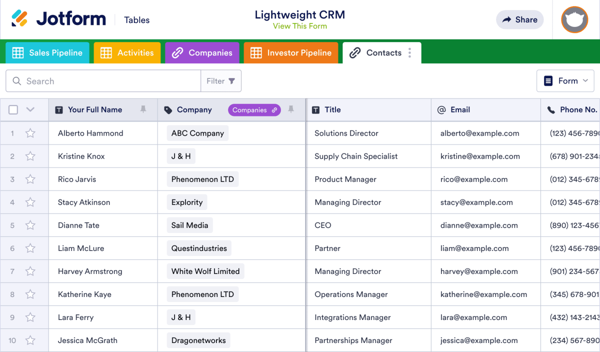 Lightweight CRM Template | Jotform Tables