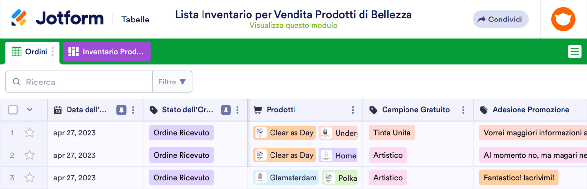 Lista Inventario per Vendita Prodotti di Bellezza Modello | Tabelle Jotform