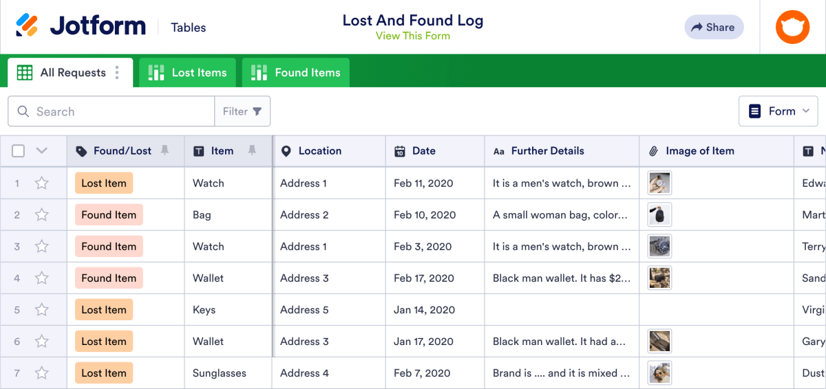 Lost And Found Log Template | Jotform Tables