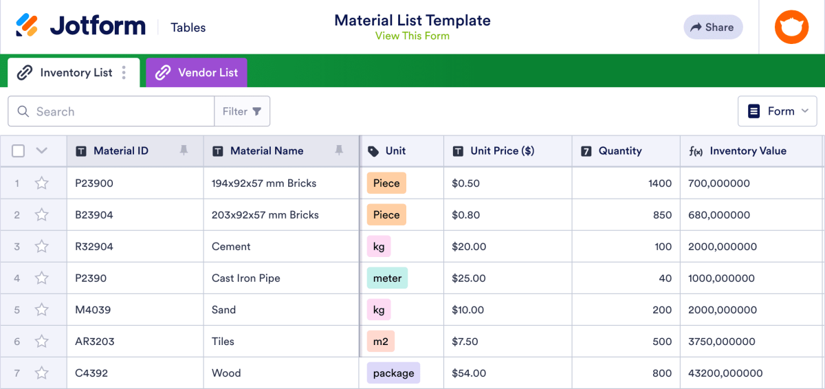 Material List Template | Jotform Tables