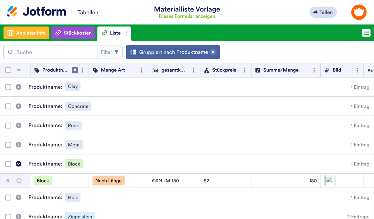 Materialliste Vorlage Vorlage | Jotform Tabellen