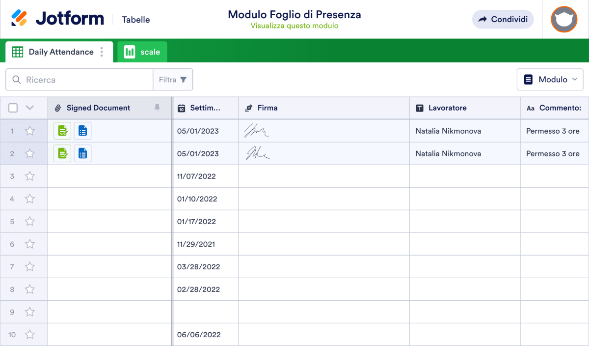 Modulo Foglio di Presenza Modello | Tabelle Jotform
