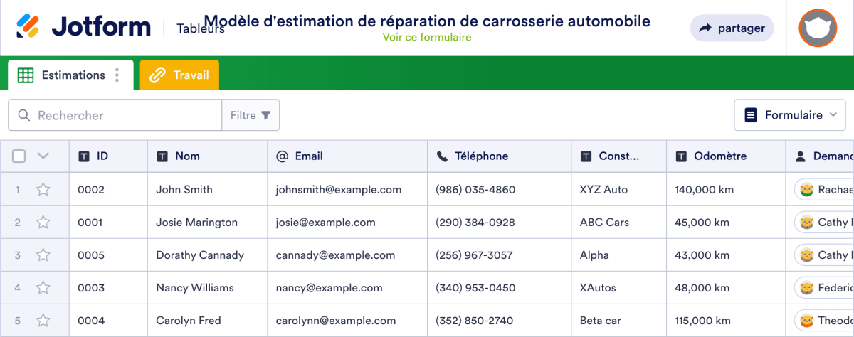 Modèle d'estimation de réparation de carrosserie automobile Modèle | Tableaux Jotform