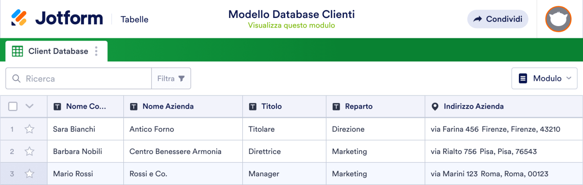 Modello Database Clienti Template | Tabelle Jotform