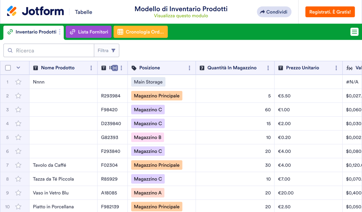 Modello di Inventario Prodotti Modello di foglio di calcolo | Jotform