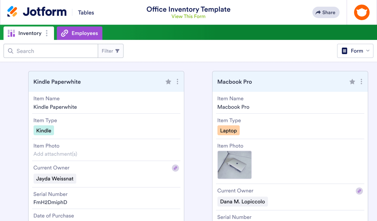 Office Inventory Template | Jotform Tables