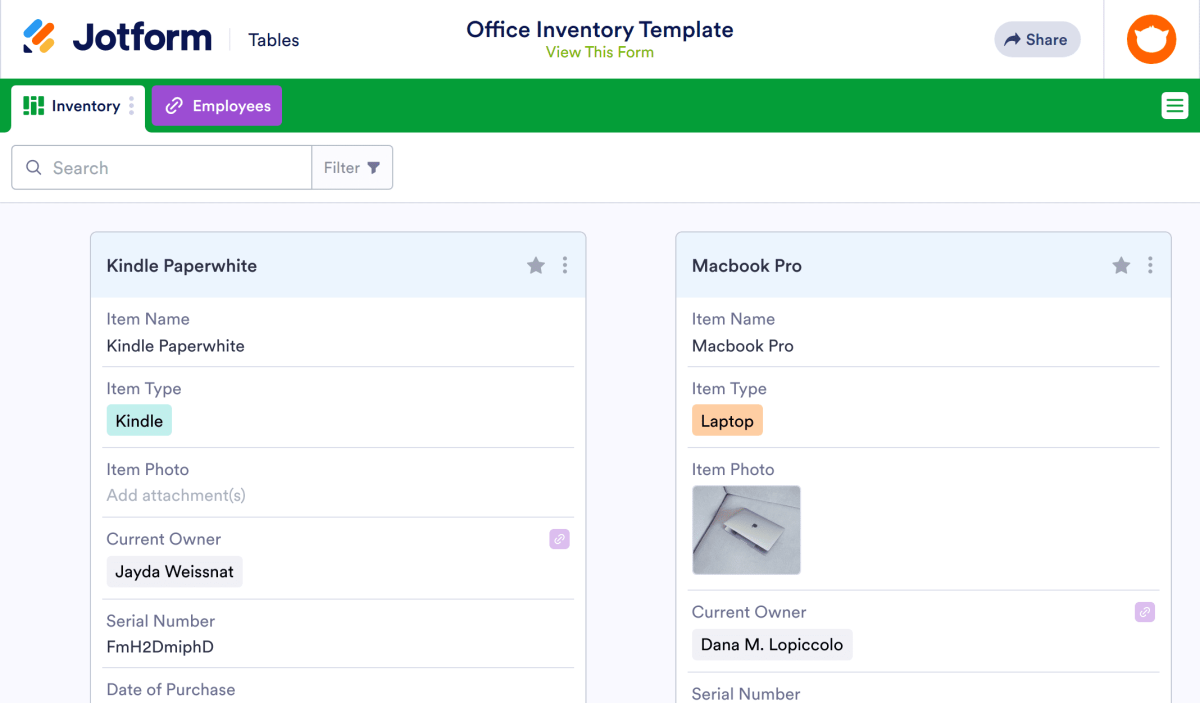 Office Inventory Template | Jotform Tables