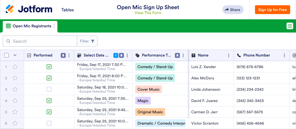 Open Mic Sign Up Spreadsheet Template | Jotform