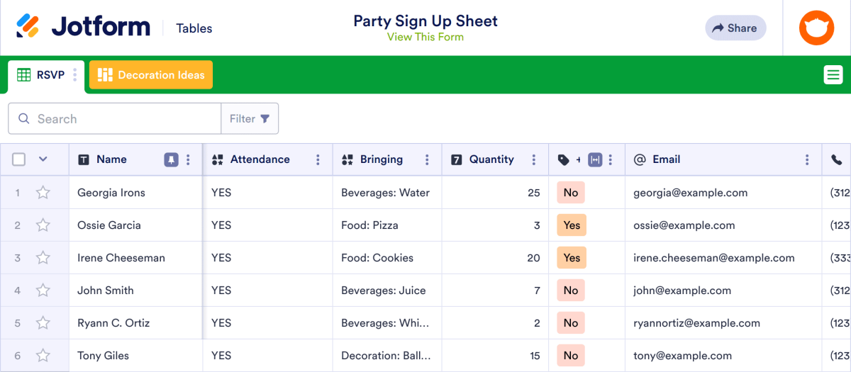Party Sign Up Sheet Template | Jotform Tables