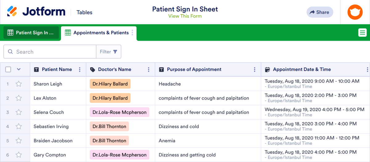 Patient Sign In Sheet Template | Jotform Tables