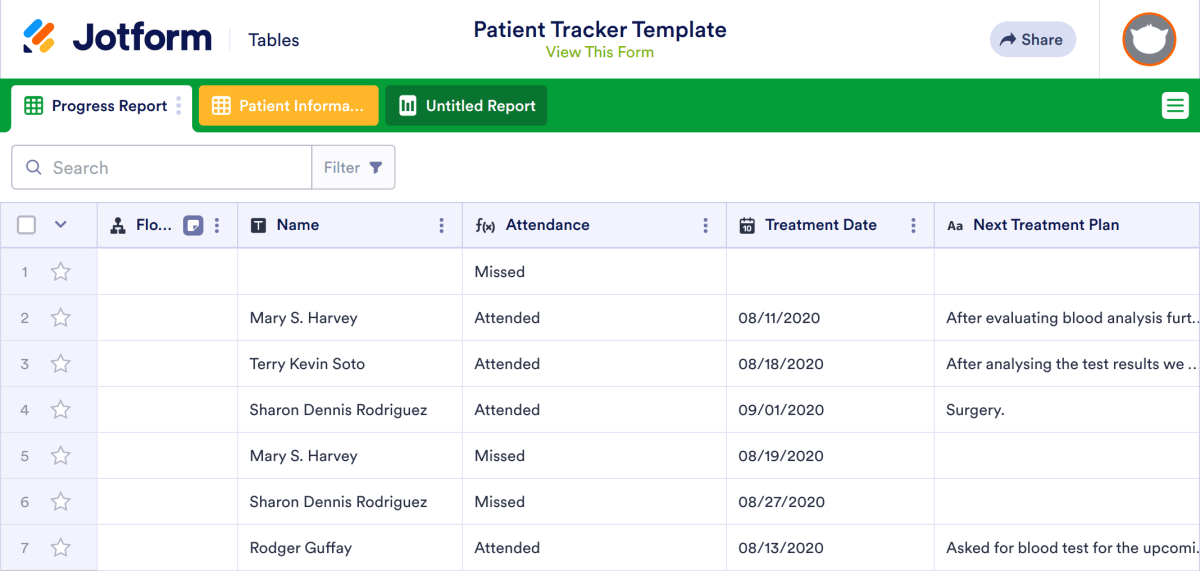 Patient Tracker Template | Jotform Tables