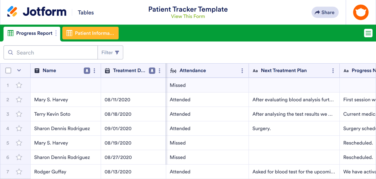 Patient Tracker Template | Jotform Tables
