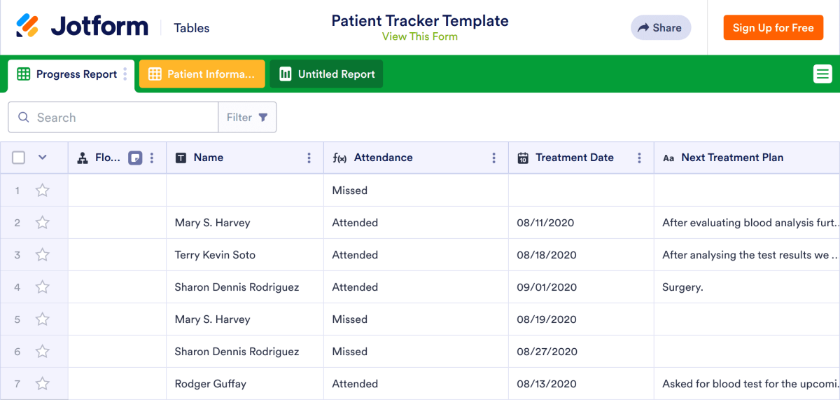 Patient Tracker Template | Jotform Tables