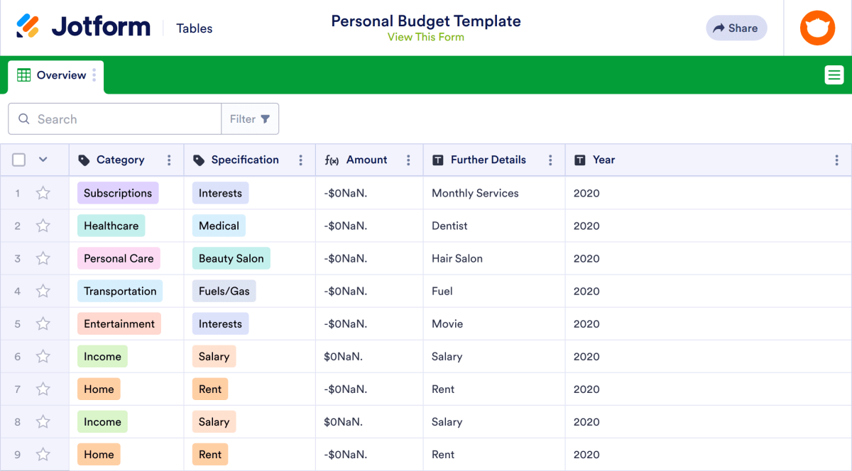 Personal Budget Template Spreadsheet Template | Jotform