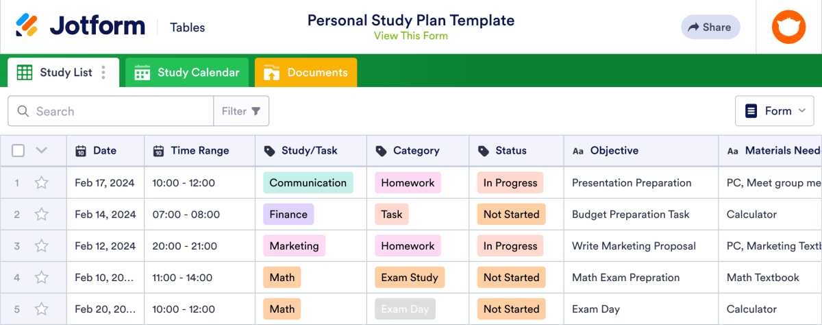 Personal Study Plan Template | Jotform Tables