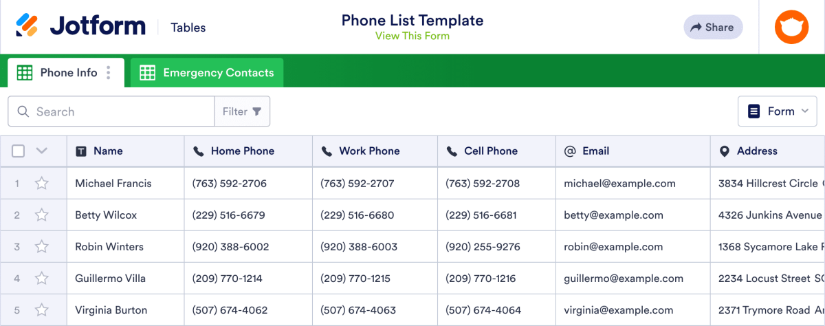 Phone List Template | Jotform Tables