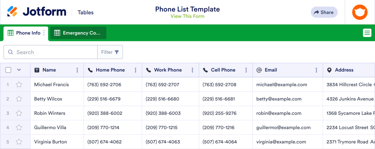 Phone List Template | Jotform Tables