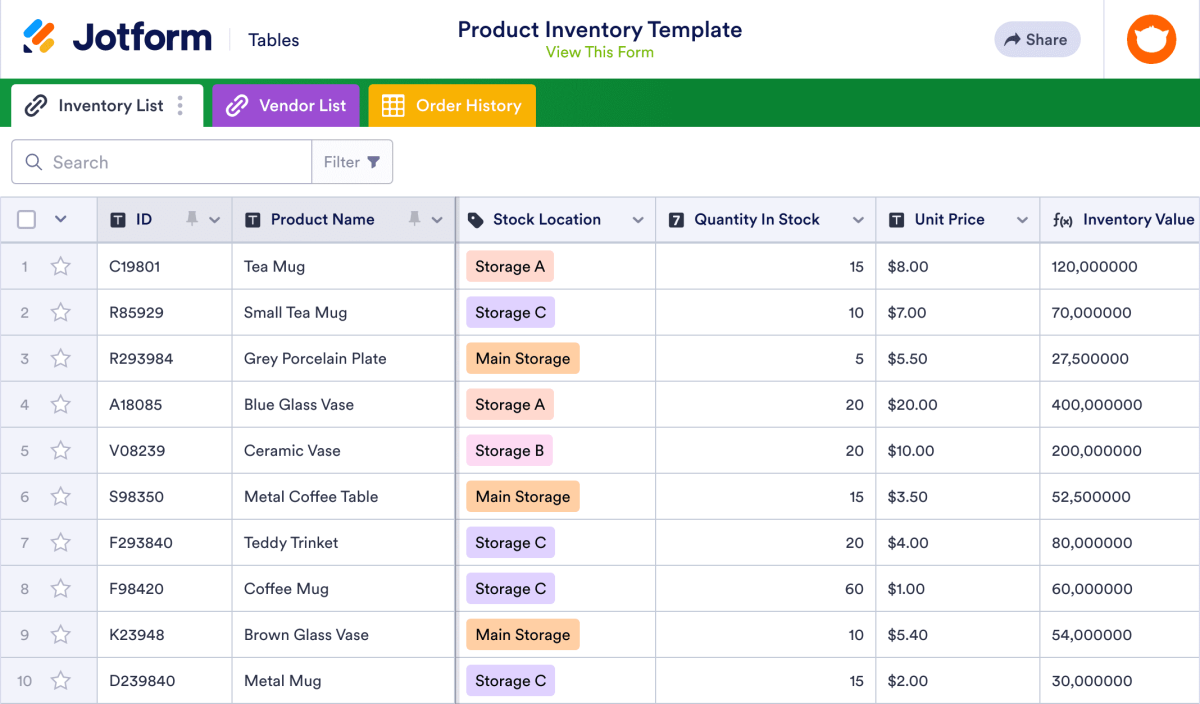 Product Inventory Template | Jotform Tables