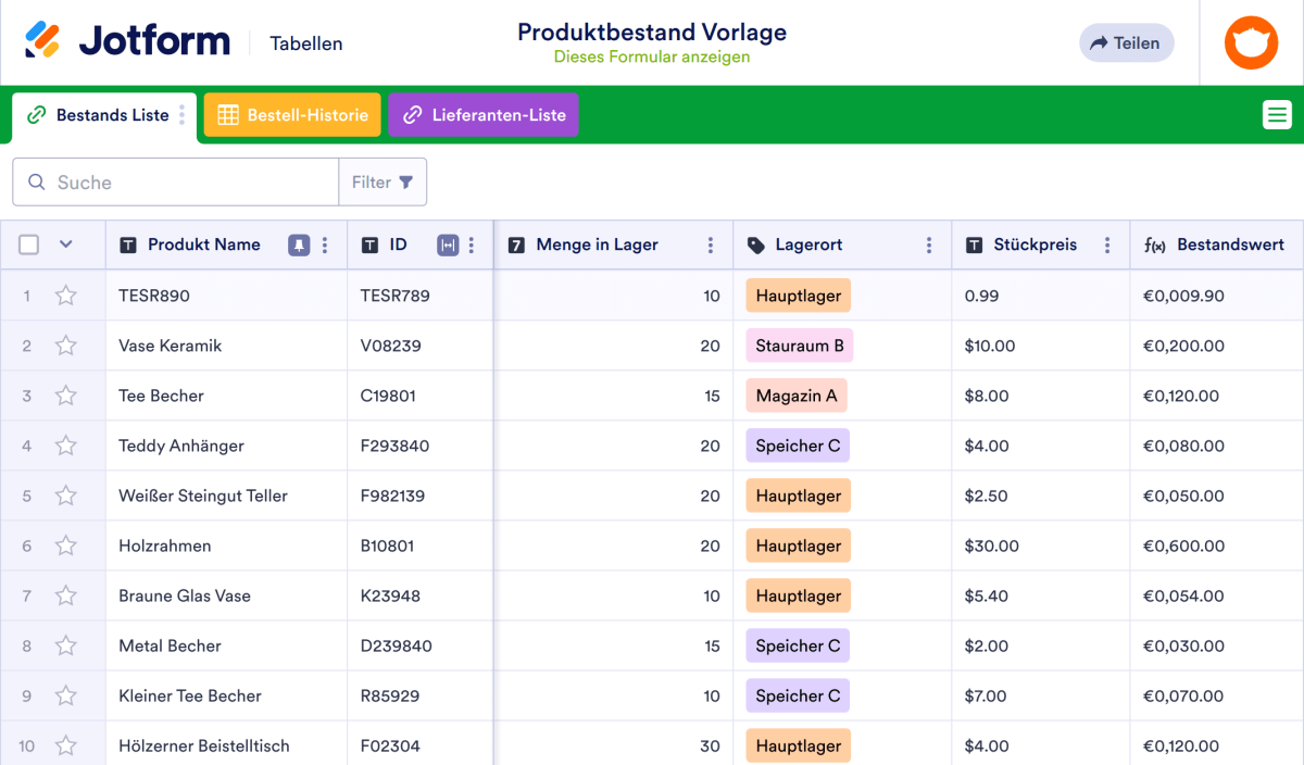 Produktbestand Vorlage Vorlage | Jotform Tabellen