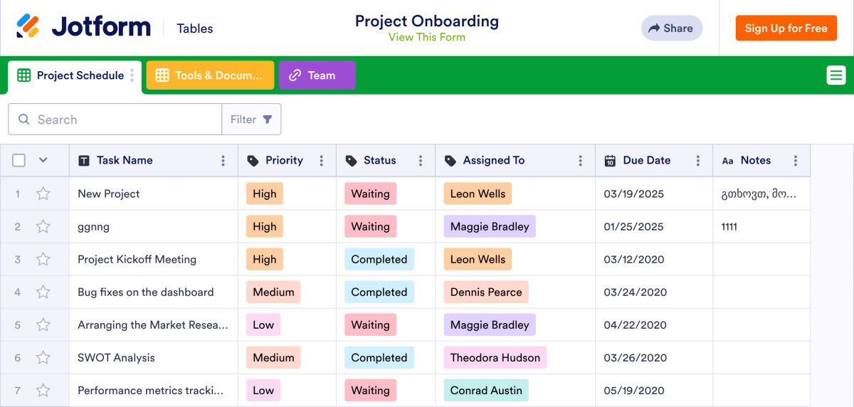 Project Onboarding Spreadsheet Template | Jotform