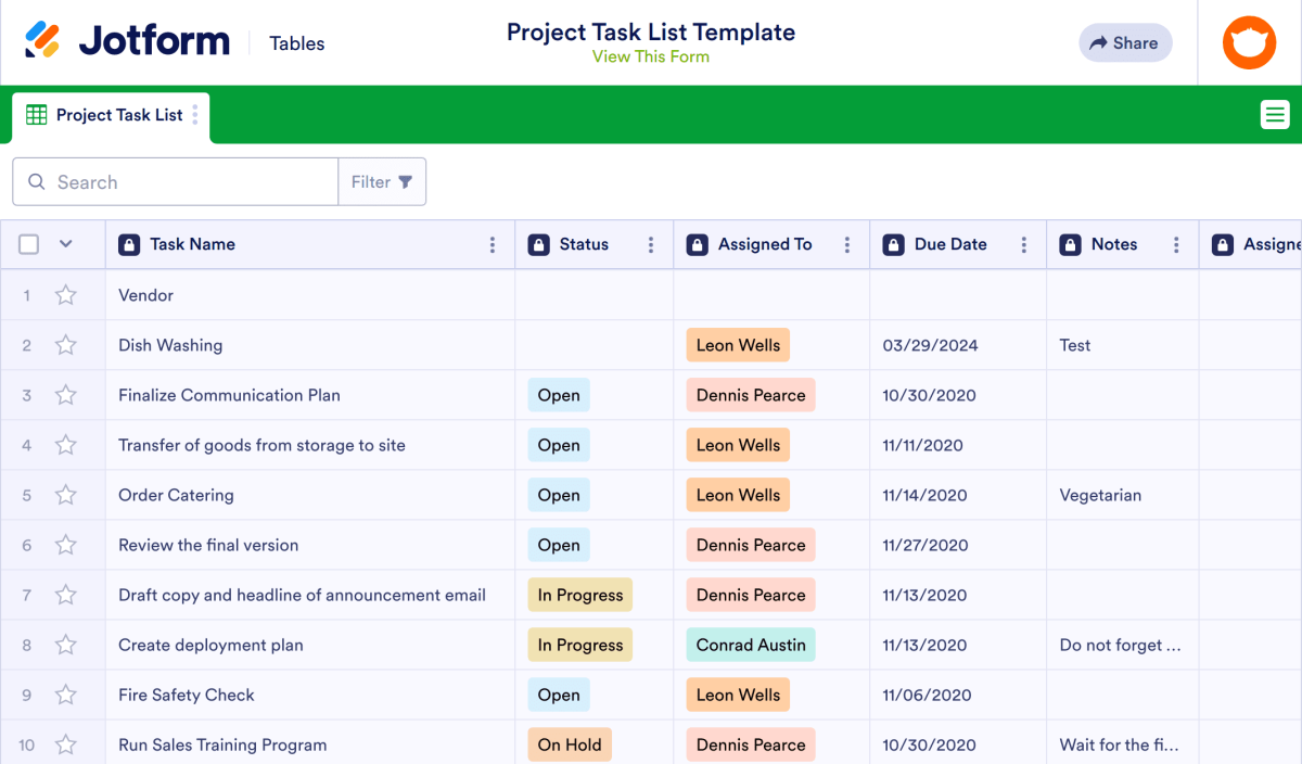 Project Task List Template | Jotform Tables