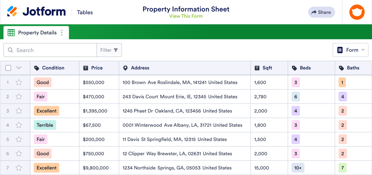 Property Information Sheet Template | Jotform Tables