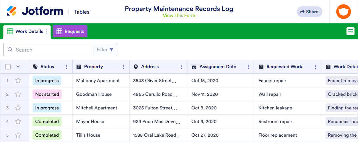 Property Maintenance Records Log Template | Jotform Tables