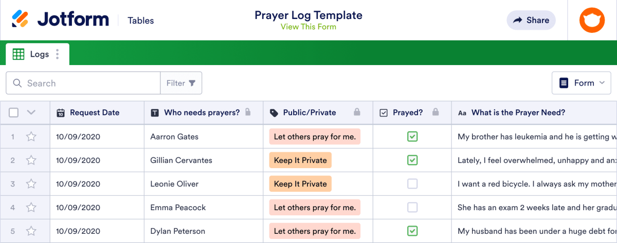 Prayer Log Template | Jotform Tables