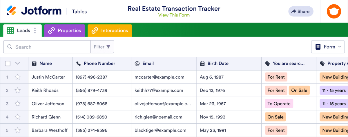 Real Estate Transaction Tracker Template | Jotform Tables