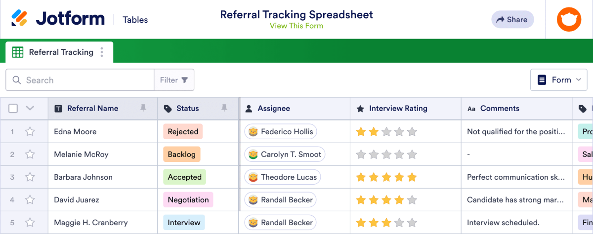 Referral Tracking Sheet Template | Jotform Tables