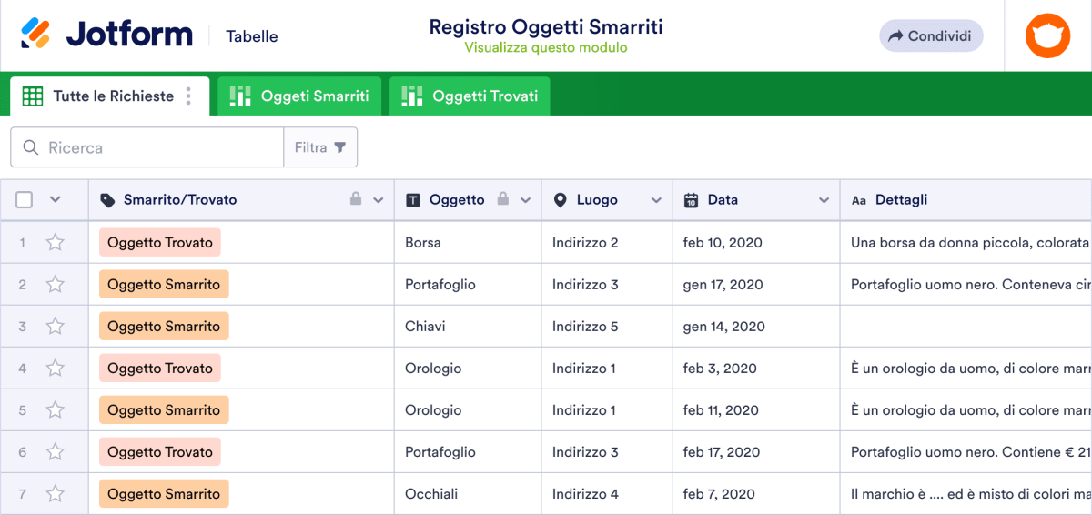 Registro Oggetti Smarriti Modello di foglio di calcolo | Jotform