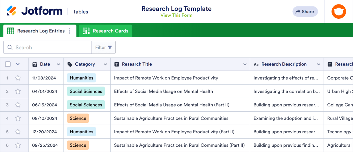 Research Log Template | Jotform Tables