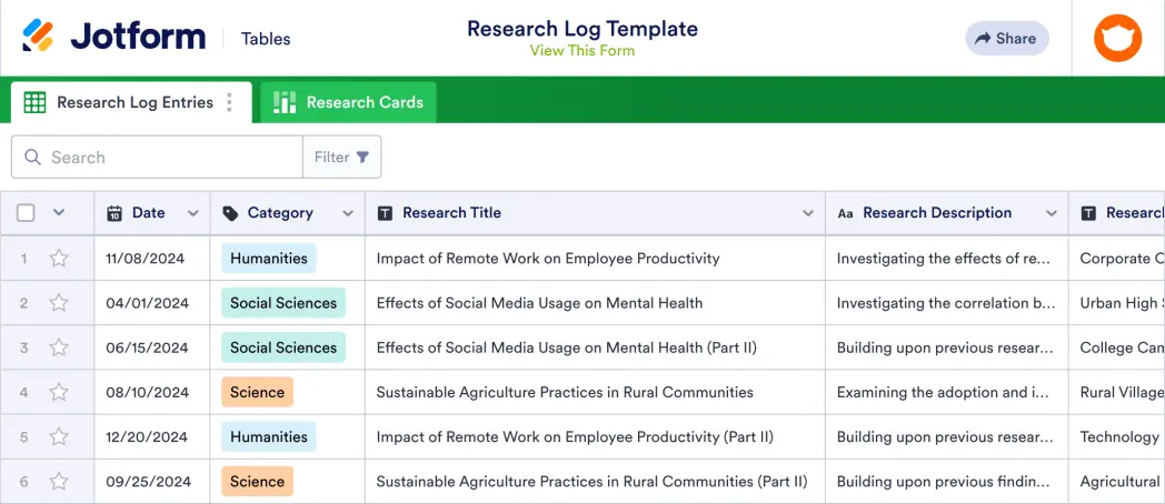 Research Log Template | Jotform Tables