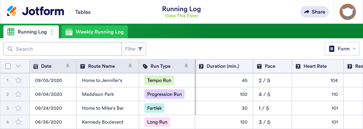 Running Log Template | Jotform Tables