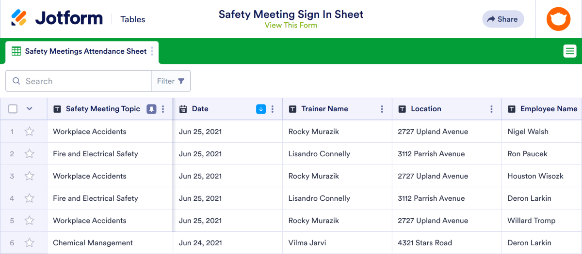 Safety Meeting Sign In Sheet Template | Jotform Tables