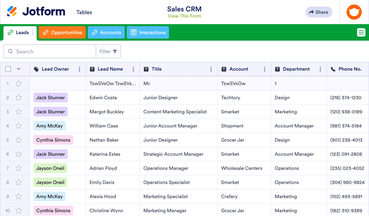 Sales CRM Template | Jotform Tables