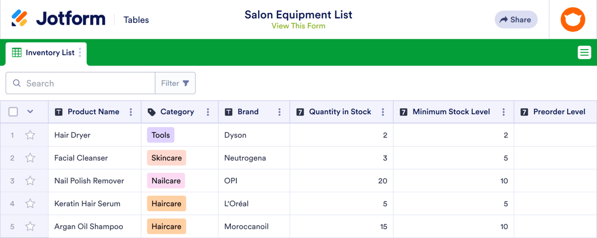 Salon Equipment List Spreadsheet Template | Jotform