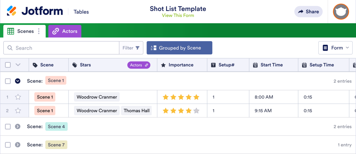 Shot List Template | Jotform Tables