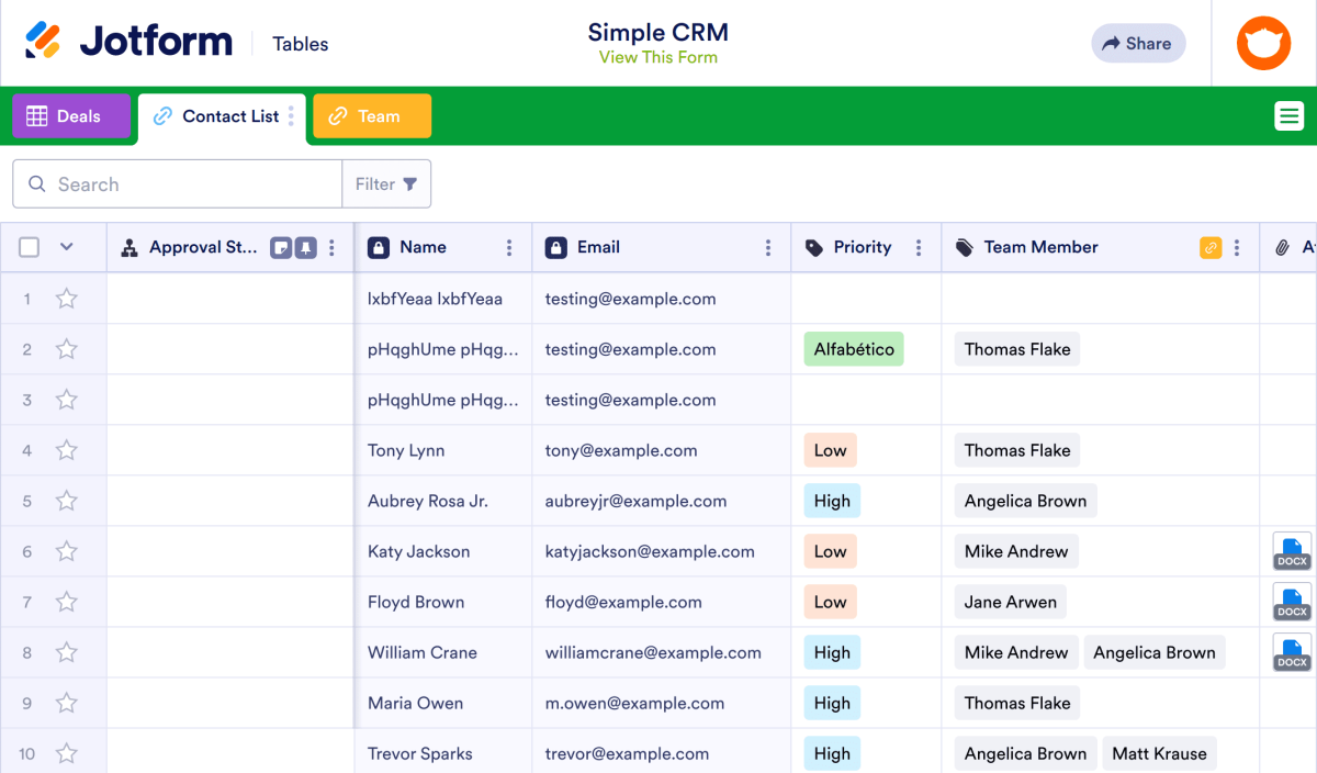 Simple CRM Template | Jotform Tables
