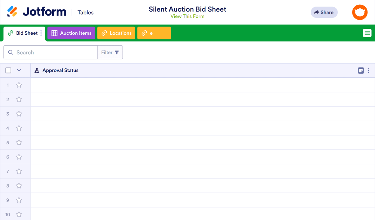 Silent Auction Bid Spreadsheet Template | Jotform