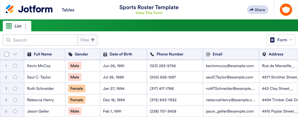 Sports Roster Template | Jotform Tables